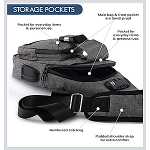 INNOSCENT Smell Proof Sling Bag Backpack - COMBINATION LOCK - Shoulder Crossbody Bag With USB/Headphone Charging Port Black (Light Grey)