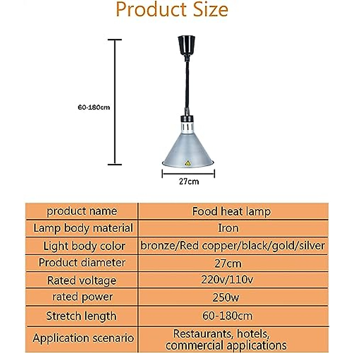 LINKANRUO Food Heat Lamp, 60-180cm Retractable Catering, Restaurant Pendant Ceiling Lights for Keep Steak Pizza Warm, Kitchen Buffet Insulation Equipment, 2pcs 27mm Lamps
