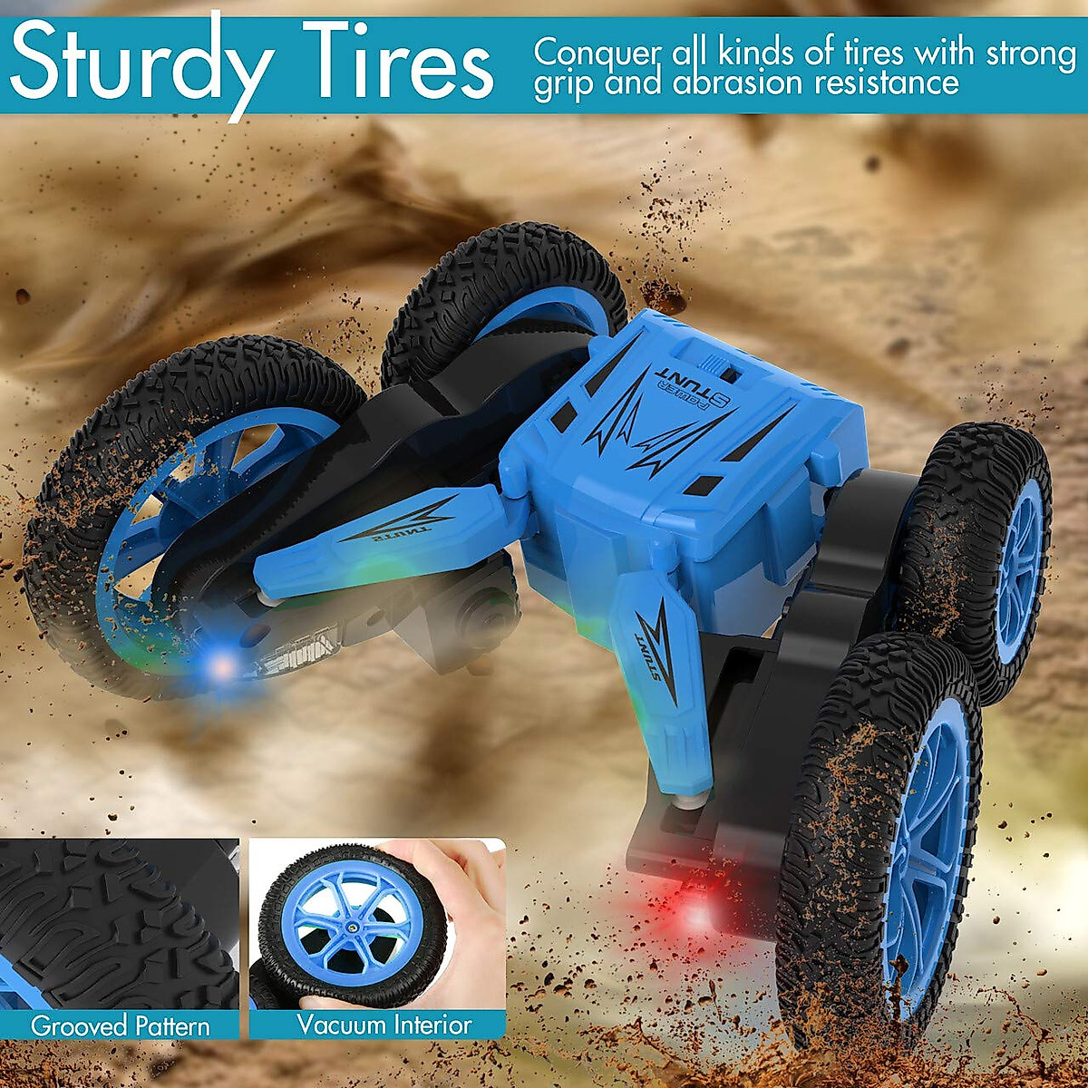 Batlofty Stunt Car Toy, 4WD 2.4Ghz Remote Control Car Double Sided Drive 360° Rotating & Tumbling RC Cars, High Speed, Cool Lights, Off-Road Racing Vehicle Gift Toy Cars for 8+ Girls and Boys, Blue