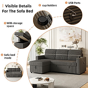 85"Sectional Sleeper Sofa bed,L Shaped Pull Out Couch Bed with USB Port and Cup Holders,Corduroy Modular Sofa with Storage Chaise,Small Couch for Living Room,Apartment,Office (Dark Grey)