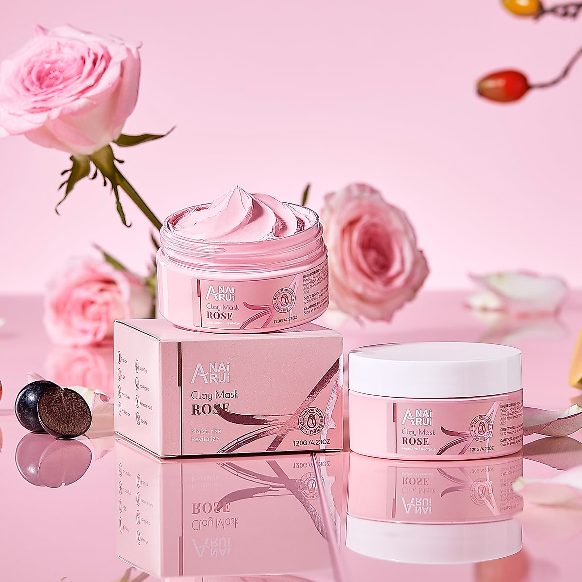 ANAI RUI Rose Clay Facial Mask, with Kaolin Pink Clay, Niacinamide, Collagen, Hyaluronic Acid Moisturizing. Pores Minimizers, Blackhead Remover, 4.23 Oz