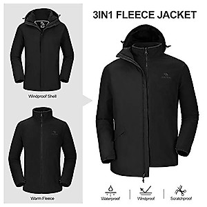 CAMEL CROWN Men’s Ski Jacket 3 in 1 Waterproof Winter Jacket Snow Jacket Windproof Hooded with Inner Warm Fleece Coat Black