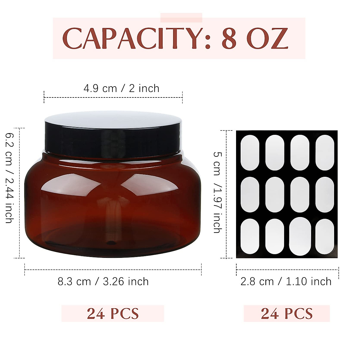 Qeirudu 24 Pack 8 oz Amber Plastic Jars with Lids and Labels, Body Scrub Jars with Lids Empty Refillable Cosmetic Containers for Body Butter, Face Creams, Lotion and Essential oil