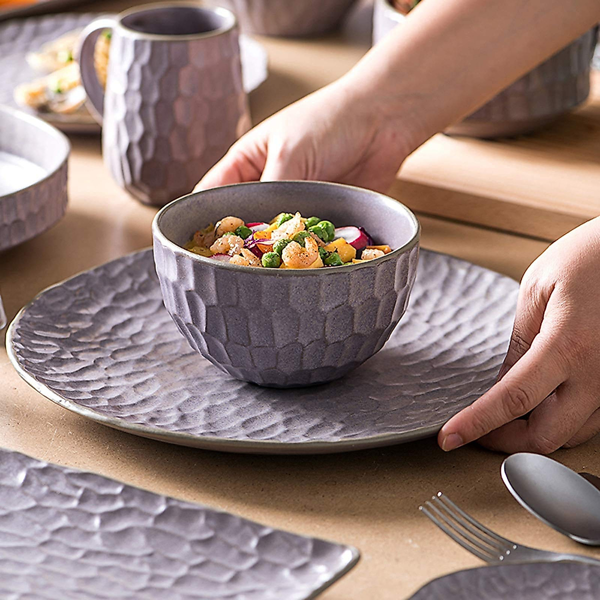 AB-Grade Porcelain Plate and Bowl Set,Kitchen Tableware Set,Ceramics Dinnerware Sets, 39 Pieces Nordic Style Porcelain Dinner Set for Family Gathering | Matte Series Purple Cereal Bowl Steak Plate an