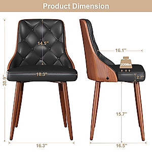 Aowos Dining Chairs Set of 2, Mid Century Modern PU Leather Upholstered Kitchen Chairs with Walnut Back and Iron Legs, Comfortable Seating for Kitchen, Dining Room, Bar Counter, Living Room (Black)