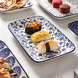 Selamica Ceramic 8 inch Rectangular Salad Plates, Dinner Plates, Pasta Dessert Plates Serving Trays for Appetizer, Sushi, Fruit - Microwave/oven/Dishwasher Safe, Set of 6, Vintage Blue