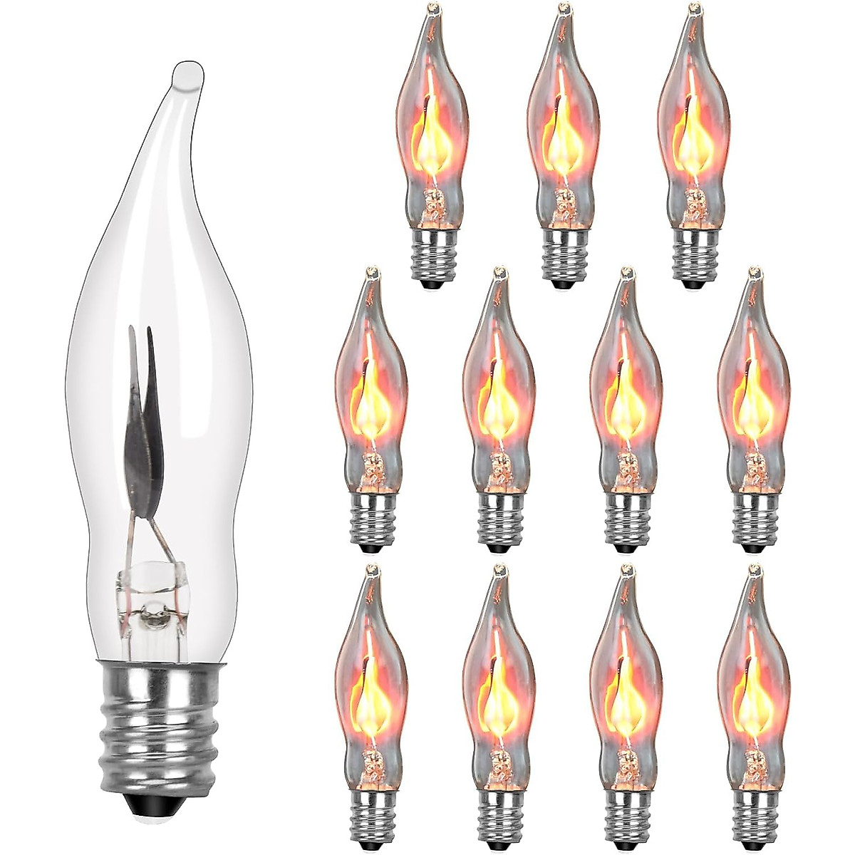 Agaphoton Christmas Flicker Flame Light Bulbs, Crystal Clear Flame Tip Candelabra Bulbs, Flickering Replacement Bulbs Dances with Orange Flame, 120 Volt, 1 Watt, E12 Candelabra Base, 12 Pack