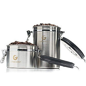 Coffee Gator Coffee Canister Duo Stainless Steel Coffee Container - Fresher Beans and Grounds for Longer - Date-Tracker, CO2-Release Valve and Measuring Scoop - Large & Small, Silver
