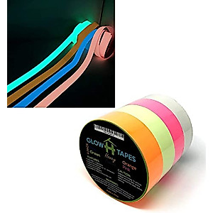 Glow in The Dark Tape - Set of 4 Bright Color Rolls - 1" x 200" Each - Green, Orange, Blue, Pink - Strong with Hours of Luminous Glow - Great Party Supplies & Decorations