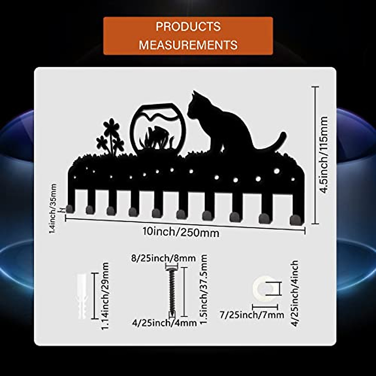 ORIGACH Keys Holder Wall Mounted Big The Cat and Fish Key Hooks for Wall Decorative, Iron Key Rack with 10 Hooks for Front Door Entryway Home and Kitchen, 10 Inches