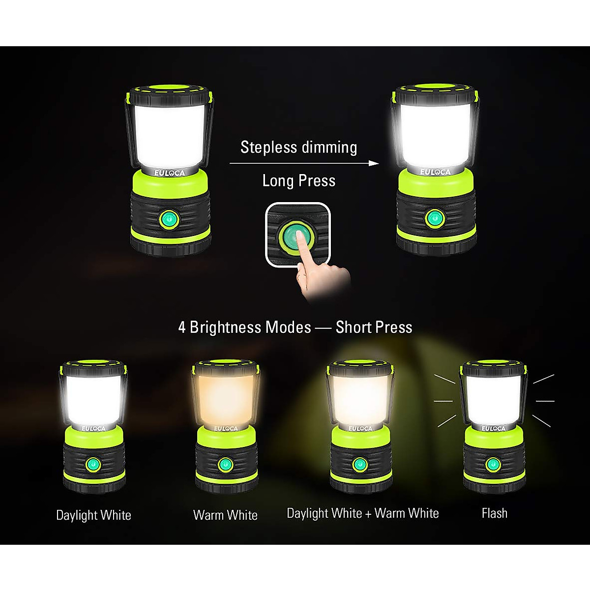 EULOCA Battery Powered LED Camping Lantern, Super Bright Dimmable with 4 Light Modes, Waterproof Tent Light, Portable Lantern Flashlight for Hurricane, Emergency , Power Outages