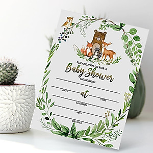 skuhyyg 25 Woodland Baby Shower Invitations with Envelopes，Woodland Diaper Raffle Tickets & Book Request Cards, Woodland Animal Stickers, thank you for showering our little one with love
