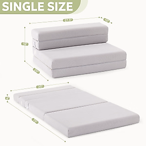 Lazyzizi Foldable Mattress 4Inch Folding Mattress Fold Out Floor Sofa Bed for Adults, Camping, Guest, with Headrest, Breathable & Washable Cover (Single)