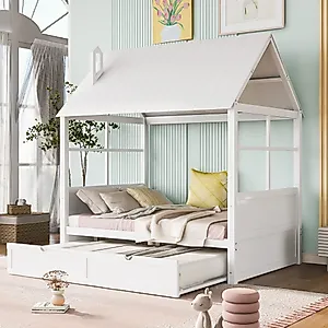 BIADNBZ Full Size House Bed with Twin Trundle, Wooden Platform BedFrame Daybed w/Roof&Window for Kids Boys Girls Bedroom, White