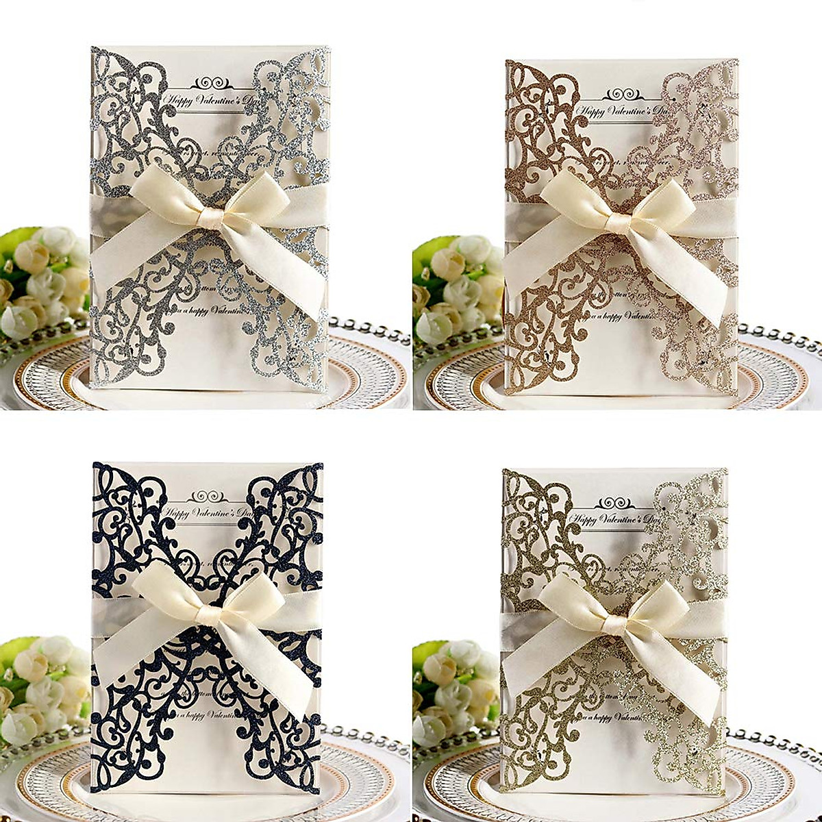 Wedding Invitation Cards,10PCS Hollow Floral Design Invites Card with Ribbon Best for Bridal Showers, Engagement Parties, Includes 10x [Covers + Blank Card +Ribbon] (Glitter Silver)
