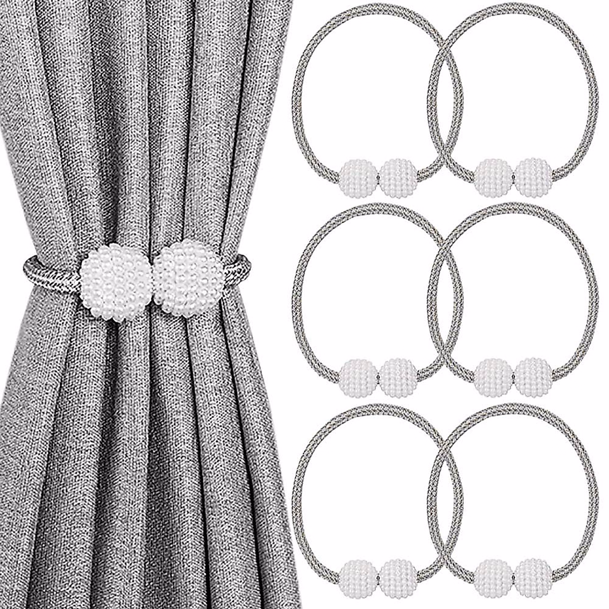 Melaluxe 6 Pack Magnetic Curtain Tiebacks, Decorative Curtain Holdbacks for Window Décor (Grey)