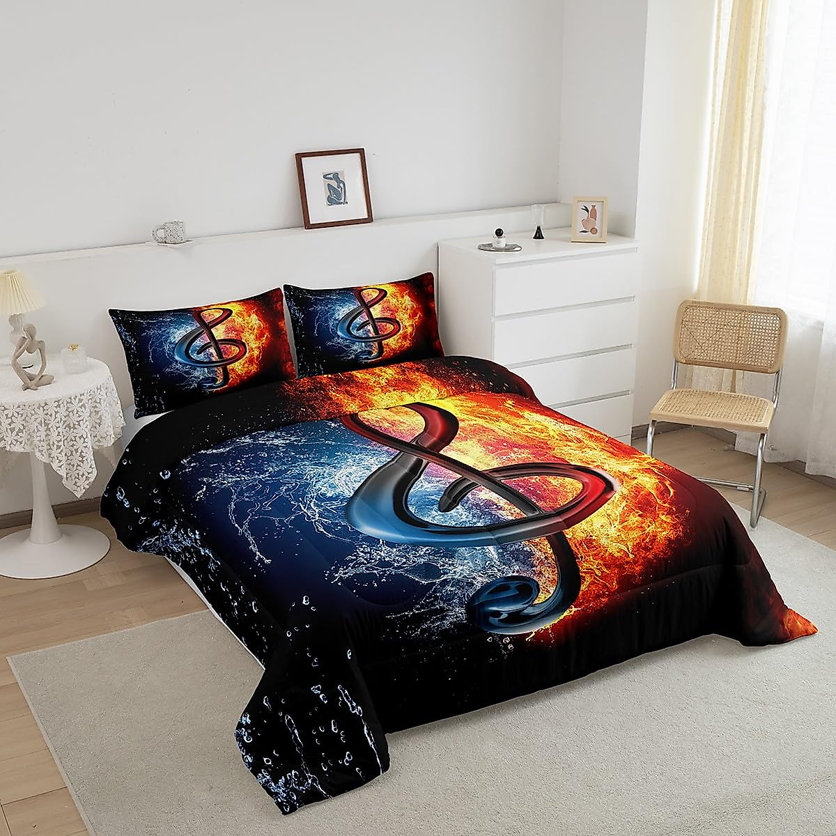 Feelyou Music Themed Comforter Set Water Flame Music Note Print Bedding Set King Size Luxury Musical Comforter for Kids Boys Girls Men Women Decor Hipster Duvet Set Boys