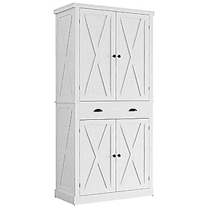IRONCK Kitchen Pantry Storage Cabinet 72" Height, with Barn Doors, Drawer, 4 Adjustable Shelves, Freestanding Cupboard for Dining Room Living Room, Laundry, White
