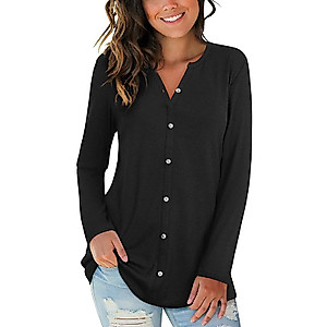 Aniywn Women's Button Down Henley Shirt Casual Solid Color Long Sleeve t Shirt Ladies Plain Tops Blouse for Work Office Black