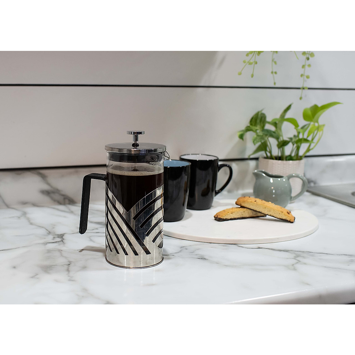 Elanze Designs Chrome 1 Liter Large Glass and Stainless Steel French Press Coffee and Loose Leaf Tea Maker