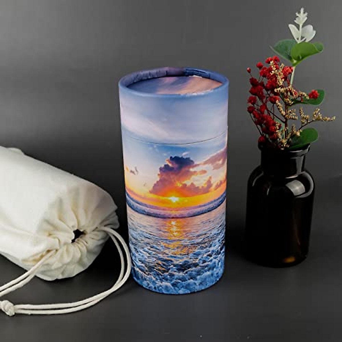 Set of 2 40 lbs Small ECO Scattering Tube Urn for Human Ashes, Biodegradable Decorative Spreading Cremation Urn for Adult Male Female Pet Dog Cat Ashes, Including ECO Artificial Flowers(Beach Sunset)