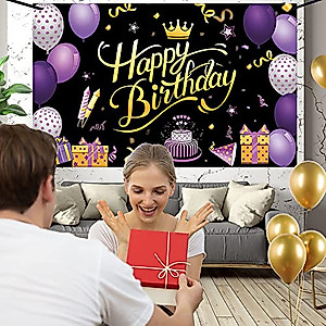 Lovyan Happy Birthday Backdrop Banner Extra Large Fabric Purple Gold Sign Poster Photo Booth Background for Men Women Birthday Anniversary Party Decoration Supplies, 71 x 43.3 Inch (Crown)