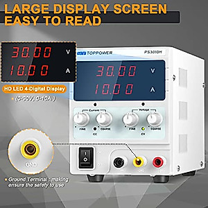 DC Power Supply Variable, 30V 10A Adjustable Switching Regulated DC Bench Lab Power Supply with 4-Digits LED Power Display,Coarse and Fine Adjustments