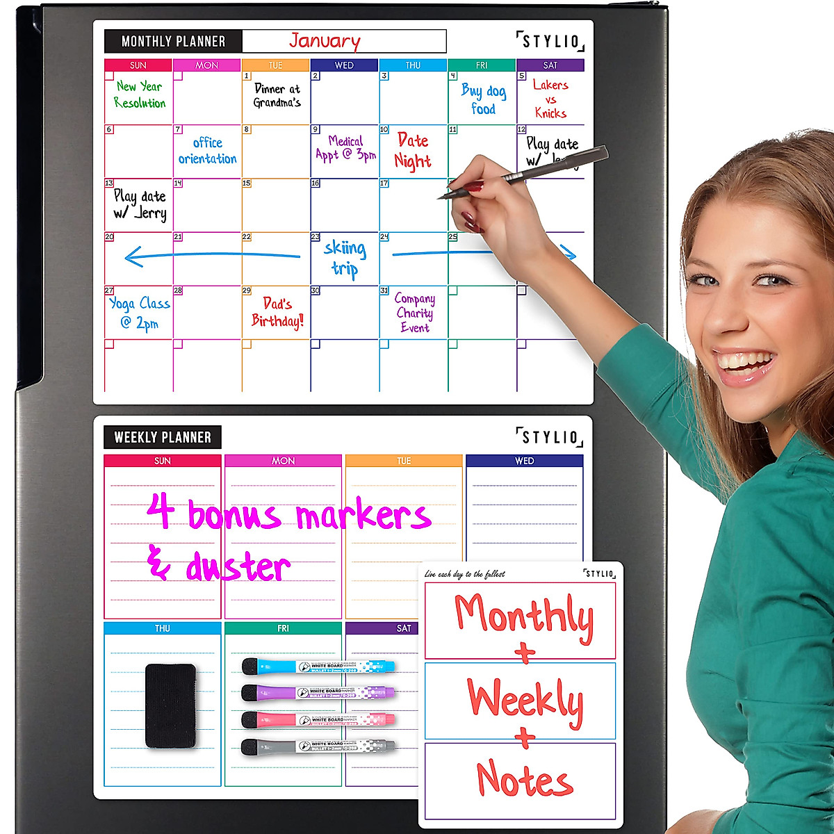 STYLIO Dry Erase Calendar Whiteboard. Set of 3 Magnetic Calendars for Fridge: Monthly, Weekly Organizer & Daily Notepad. Refrigerator & Wall Family Calendar. 4 Fine Point Markers & Eraser Included