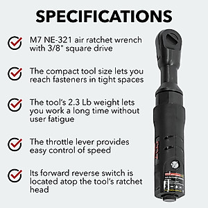 M7 NE-321 3/8-inch Pneumatic Ratchet Wrench, Compact and Lightweight 3/8 Torque Wrench for Auto Repair, Mechanic Tool with 69 ft-lb Maximum Reverse Torque, Ergonomic Air Tool with High Performance