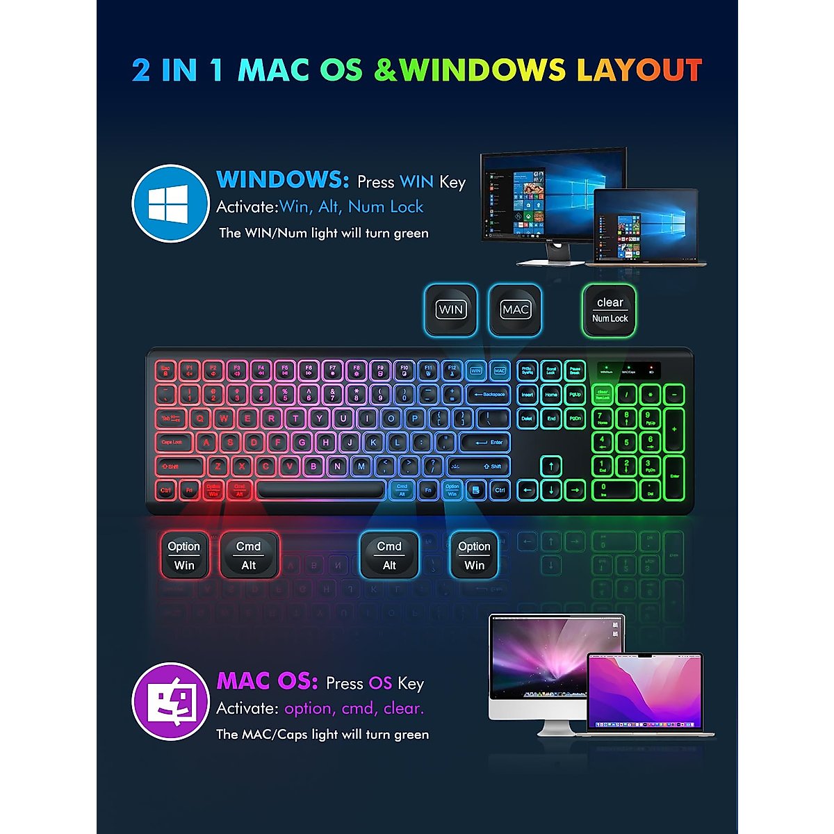 Wireless Keyboard and Mouse Combo - RGB Backlit, Rechargeable & Light Up Letters, Full-Size, Ergonomic Tilt Angle, Sleep Mode, 2.4GHz Quiet Keyboard Mouse for Mac, Windows, Laptop, PC, Trueque