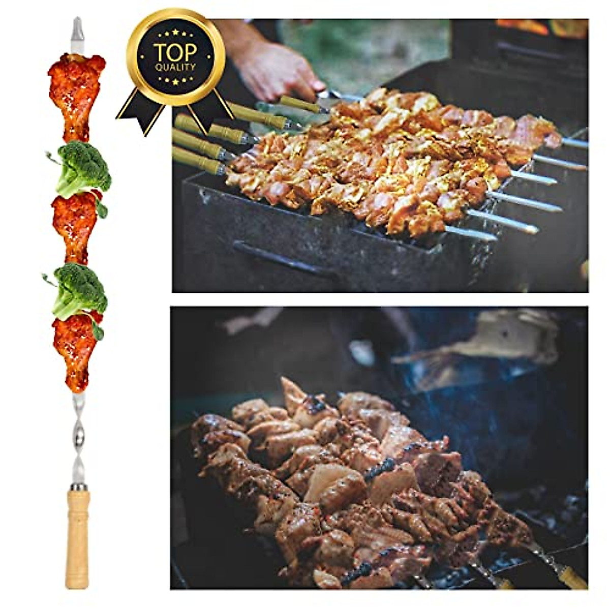 Large Size Kabob Skewers 22 inch Flat Metal BBQ Barbecue Skewer Wooden Handle Stainless Steel Shish Kabob Stick Wide Reusable Grilling Set Meat Shrimp Chicken Vegetable Kebab Fork Sausage-12PCS