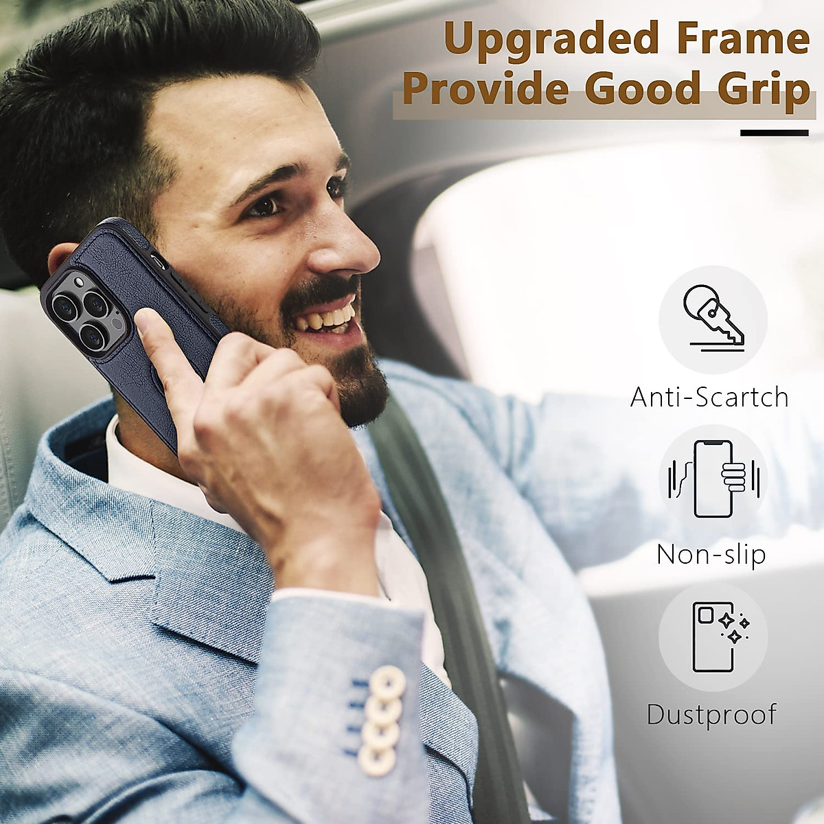 XYAJUANG Compatible with iPhone 14PRO MAX Case（6.7＂,Logo visible） Leather Fully Wrapped with Delicate Stitches Phone Case, (Blue)