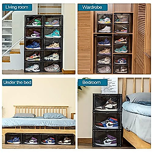 BSFHH Shoe Boxes, Stackable Plastic Sneaker Box Container, Magnetic Side Open Shoe Organizer Shoes Storage Case 15.35 x 11.42 x 8.66 inches (Transparency-12 Pack)
