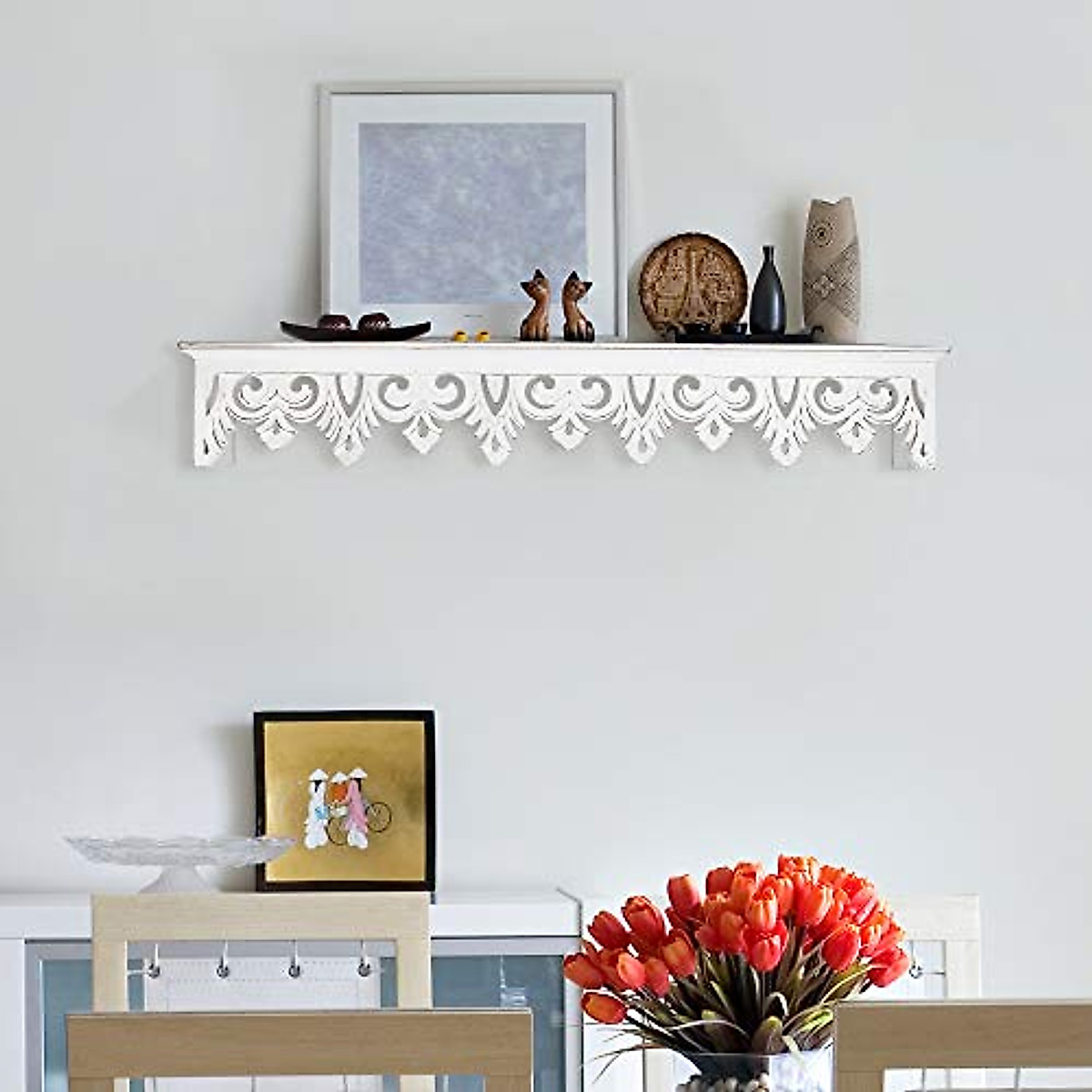 American Art Decor Hand-Carved Wooden Floating Wall Shelf - White (30”)