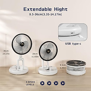 Mihoho Whole Room Air Circulator, 4 Speeds Fan with Light, Cordless Foldable Fan with Lamp for Home, Office, Desk, Outdoor, Ceiling & Wall Mount (Grey)