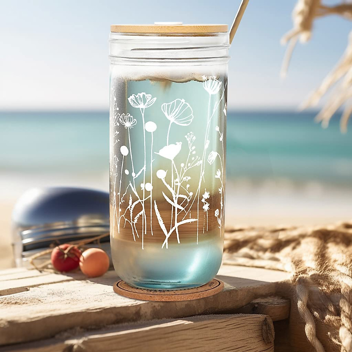 ANOTION Floral Coffee Cups, Mason Jars with Lids and Straws Glass Cups with Wildflower Bamboo Lid Iced Coffee Cups Tumbler Drinking Glasses Travel Coffee Mug Gift for Women Sister Mom