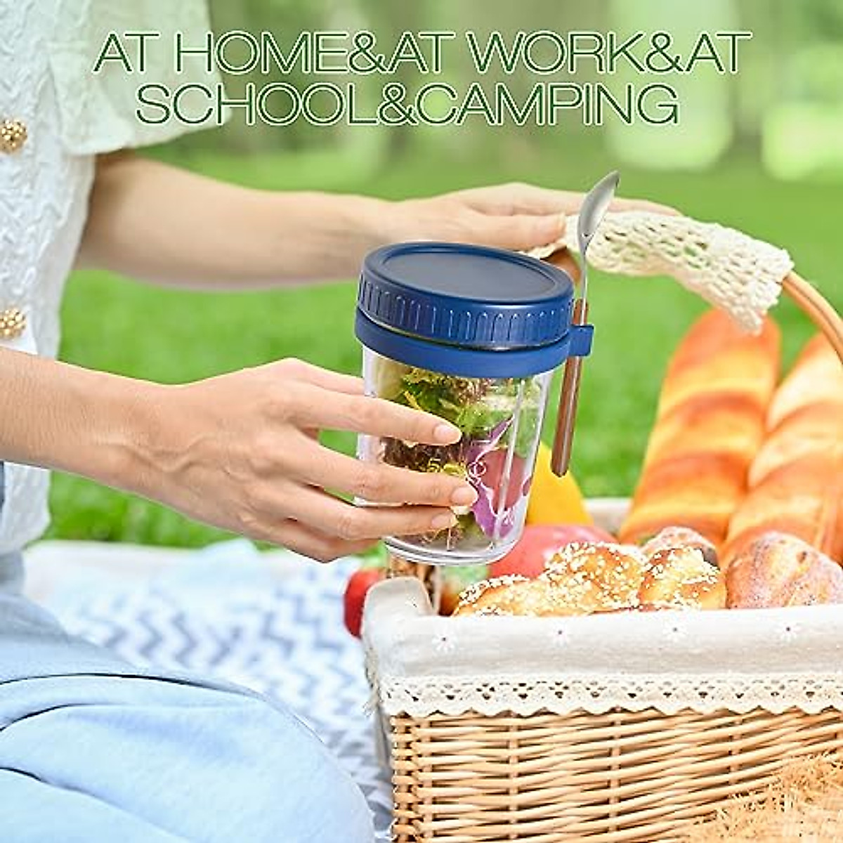 Hoa Kinh Overnight Oat Containers with Lids and Spoon 16oz 2Pack Glass Mason Jars for Overnight Oats, Cereal, Milk, Vegetable and Fruit Salad, Airtight Jars with Two Measurement Marks(Pink and Blue)