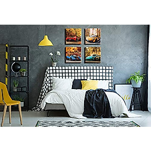 DJSYLIFE Car Posters Boys Room Decor Wall Art Giclee Canvas Prints Autumn Landscape Red Sport Car Pictures Modern Artwork for Bedroom Home Decorations Painting 12x12 inchesx4 Framed Ready to Hang