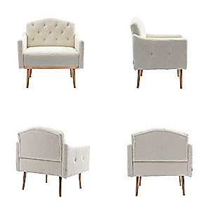 Luccalily Accent PU/Velvet Armchair,Upholstered Leisure Accent Living Room Chair, Comfy Armchair with Rose Golden Metal Legs,Mid-Century Modern Velvet Single Sofa Chair, White Teddy
