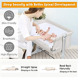 HONEY JOY Baby Bedside Crib, Newborn Bassinet Bedside Sleeper, Adjustable Height & Angle, Detachable &Washable Mattress, Breathable Mesh, Straps, Portable Travel Bed Side Bassinet for Infants(Beige)