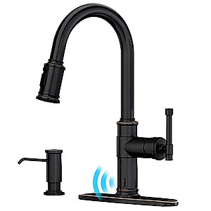Touchless Oil Rubbed Bronze Kitchen Faucet with Soap Dispenser, DAYONE Single Handle Faucets for Kitchen Smart Motion Sensor Activated Hands-Free Pull Down, Robinet de Cuisine sans Contact