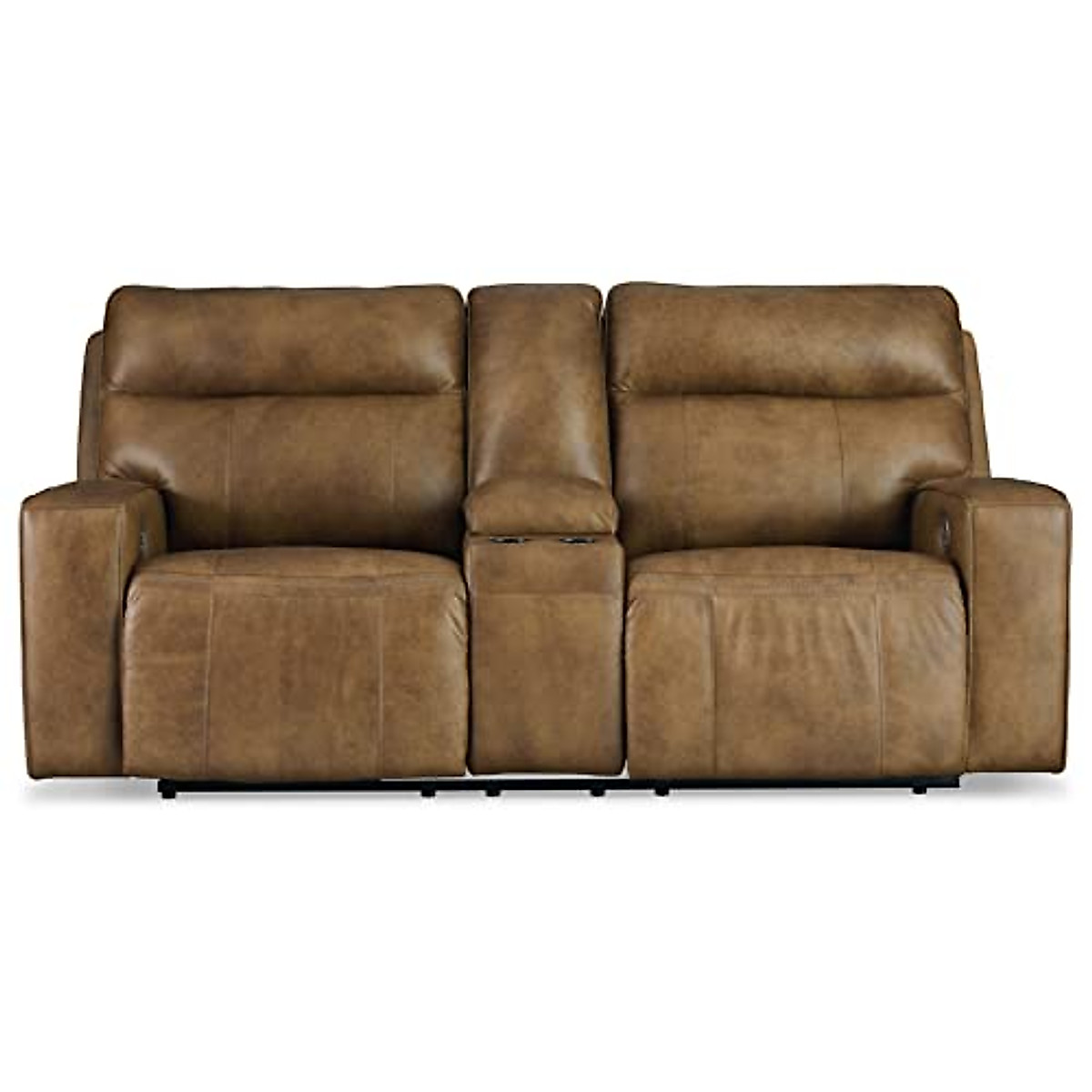 Signature Design by Ashley Game Plan Contemporary Tufted Leather Power Reclining Loveseat with Console and Adjustable Headrest, Light Brown