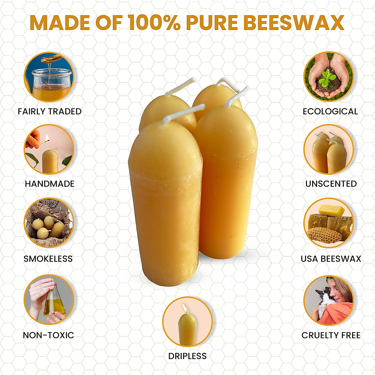 BeeTheLight Beeswax Lantern Candles (3.5" x 1.25") - Smokeless Unscented Candle - 12 Hours Burn Time Each - Natural & Pure Beeswax Candle - Handmade Camping Candle for Lanterns & Chandeliers