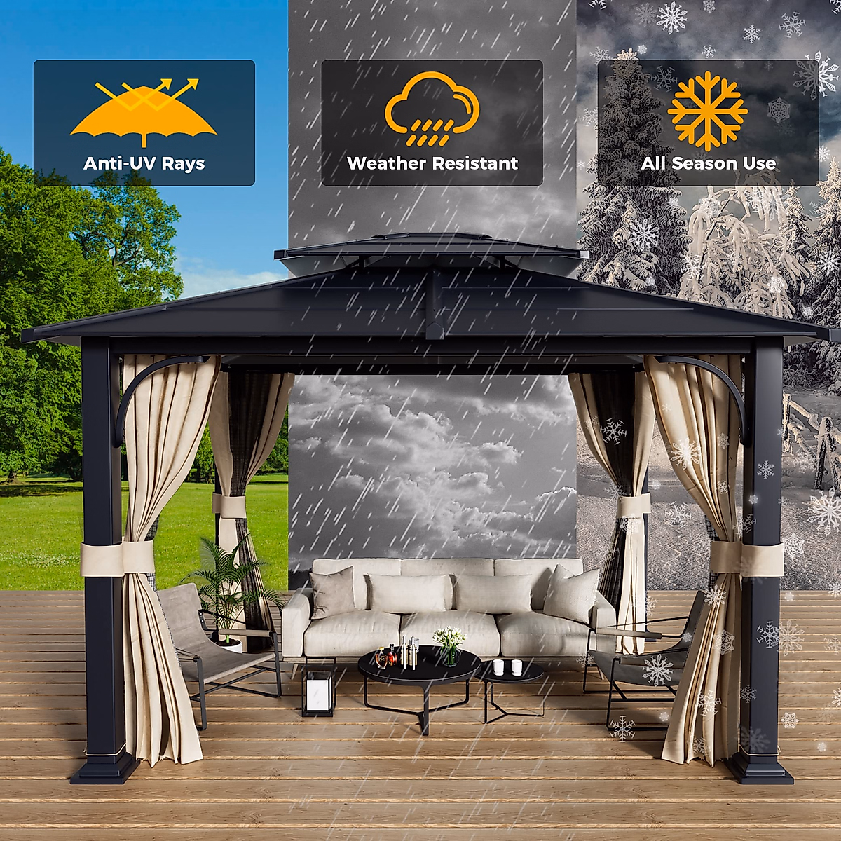Metal Gazebo 10' x 12' W/Double Steel Roof, Permanent Anti-Rust Coating Iron Hardtop Outdoor Gazebo w/Curtains and Netting for Patio Backyard Garden Lawn Deck, w/Hook Design