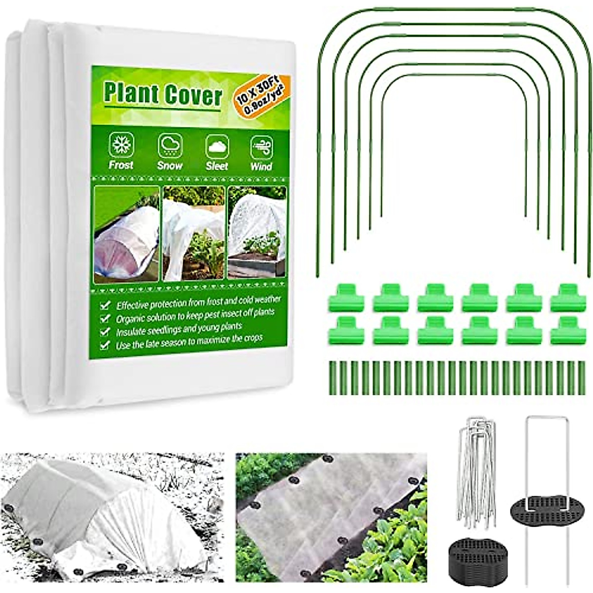 Plant Covers Freeze Protection Kit,10 x 30Ft Frost Cloth & 6Pcs Wide Garden Hoops, Floating Row Cover with Greenhouse Hoops Frost Blanket Garden Covers for Plants Vegetables Raised Beds Greenhouse