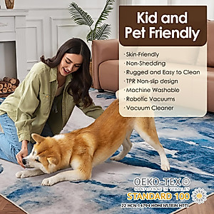 INGEROOM Washable Area Rug, 6x9 Area Rug for Living Room, Soft Area Rug for Bedroom, Abstract Design, Stain Resistant Rugs, TPR Anti-Slip Backing, Non Shedding, Blue Area Rug