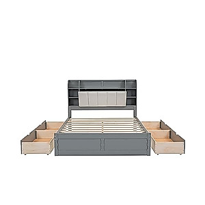 DNYN Queen Size Platform Bed with Storage Shelves & 4 Drawers & Upholstery Headboard Design,Multifunctional Wooden Bedframe w/Wood Slat Support,Super Save Space,Perfect for Bedroom,Guest Room, Gray