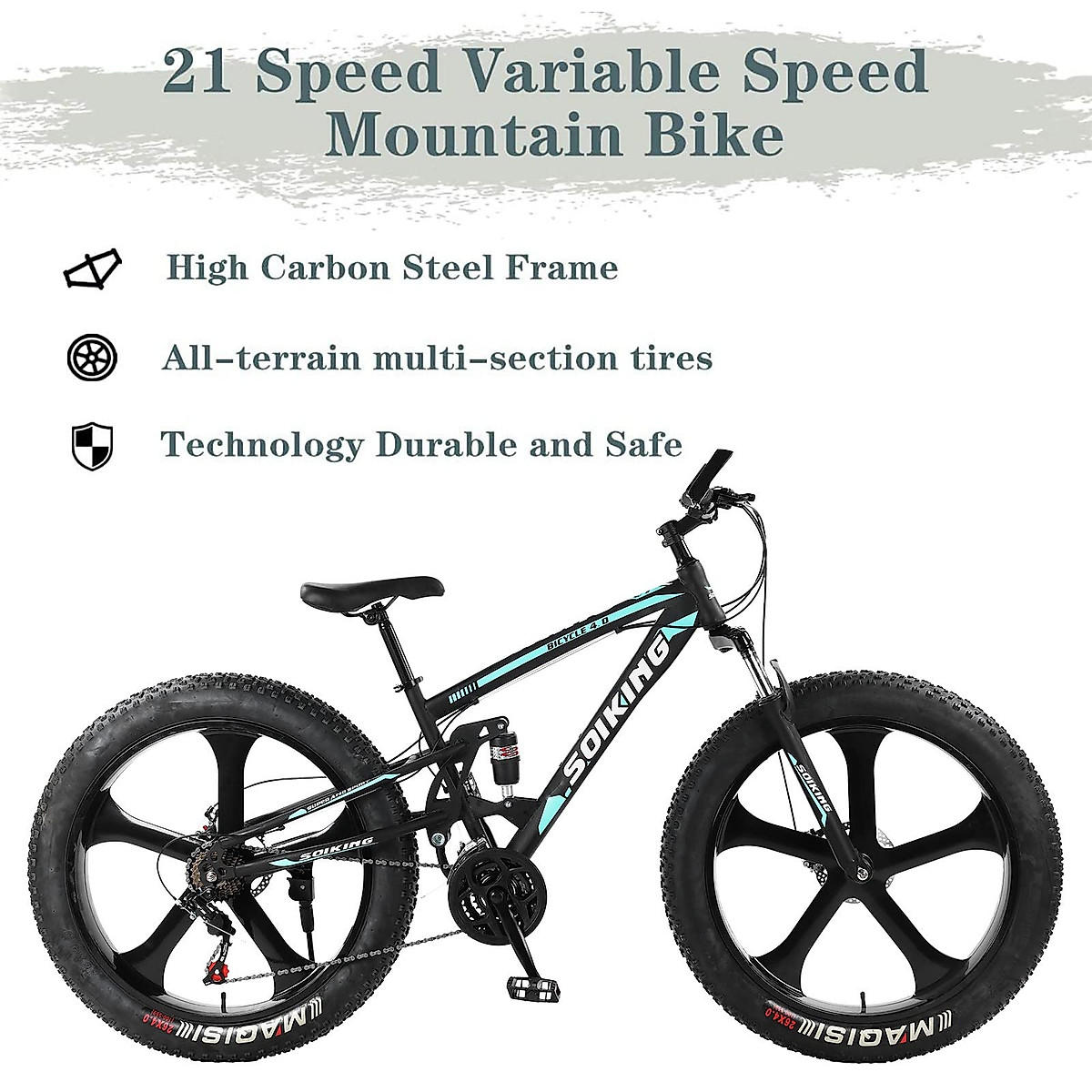 Fat Tire Mountain Bike, 26'' 21 Speed Outdoor Snow Beach Hybrid MTB Racing Bikes for Adult Women Men, Comfort Complete Cruiser Bicycle, Lightweight City Commuter Road Cycling, Dual Disc Brakes (I)