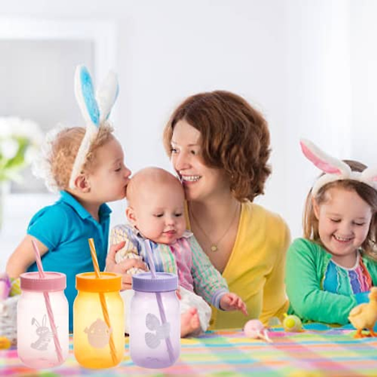 LLE Happy Easter Plastic Pint Jar Tumbler with Lids & Straw, 16oz Pastel Reusable Cups for Kids Adults Drinking Cup Water Juice Bottle Spring Summer Home Indoor Outdoor Use and Gifts Set of 3