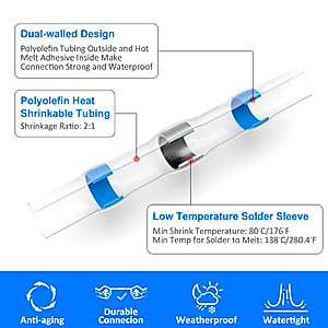 HiepGiay 120PCS Heat Shrink Solder Seal Wire Connectors,Soldering Butt Connectors,Waterproof Insulated for Electrical Equipment Wire Repair,Motorcycle Automotive Marine Boat Wiring (120)